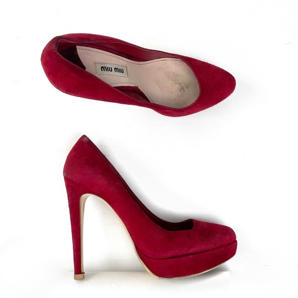 Miu Miu | Shoes | Miu Miu Cherry Red Suede Leather Platform Heels 355 ...
